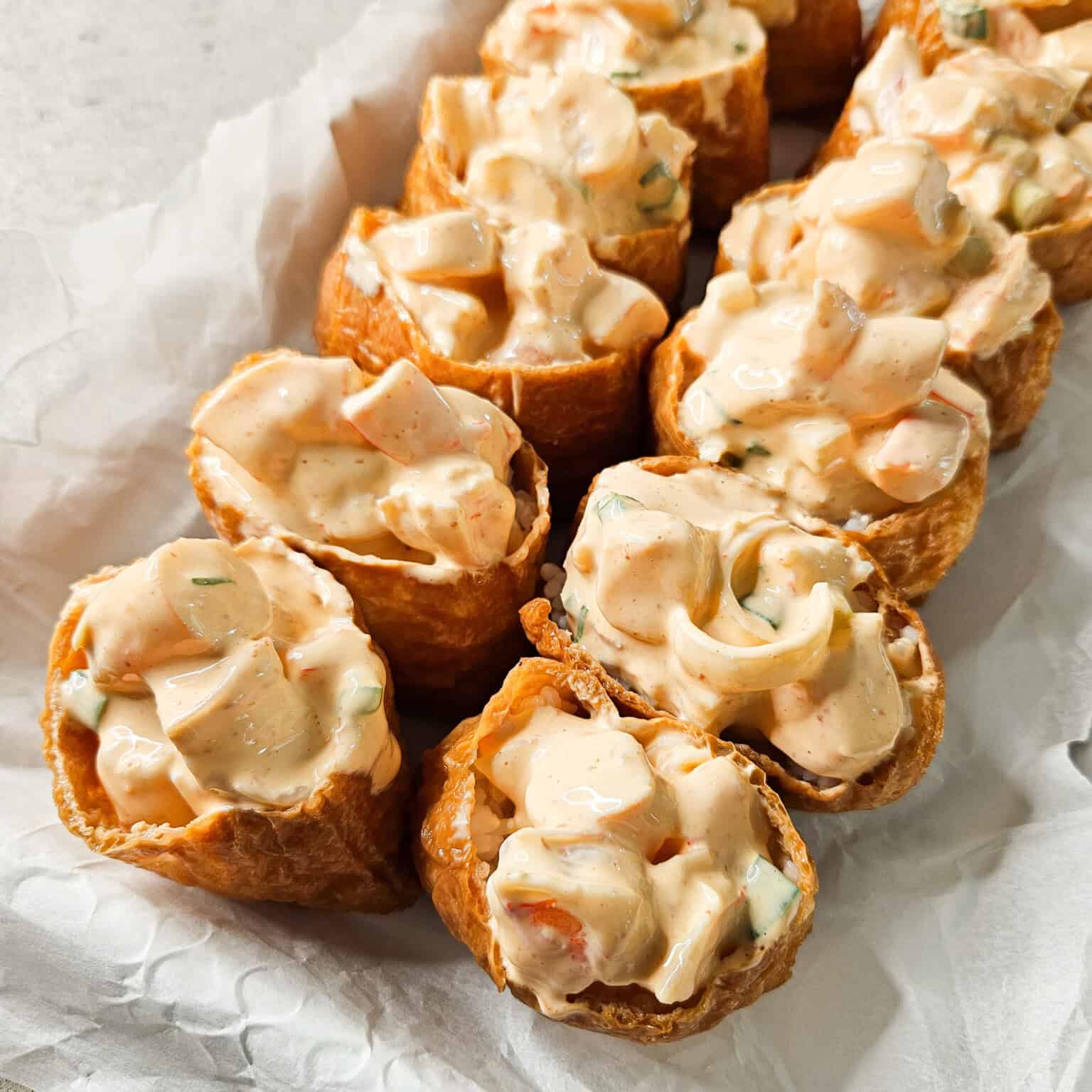 Inari Sushi With Shrimp and Kewpie Mayo