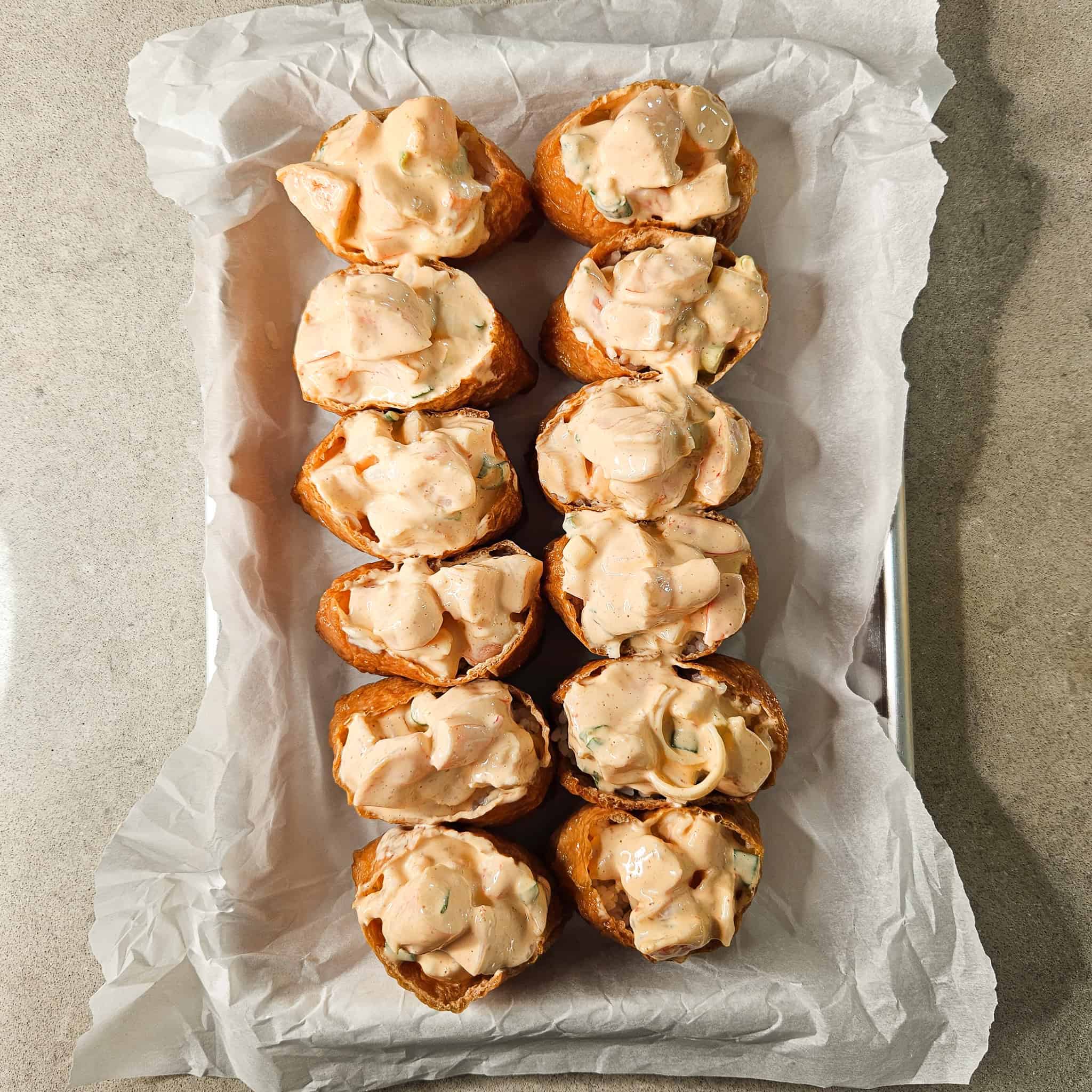 Inari Sushi With Shrimp and Kewpie Mayo