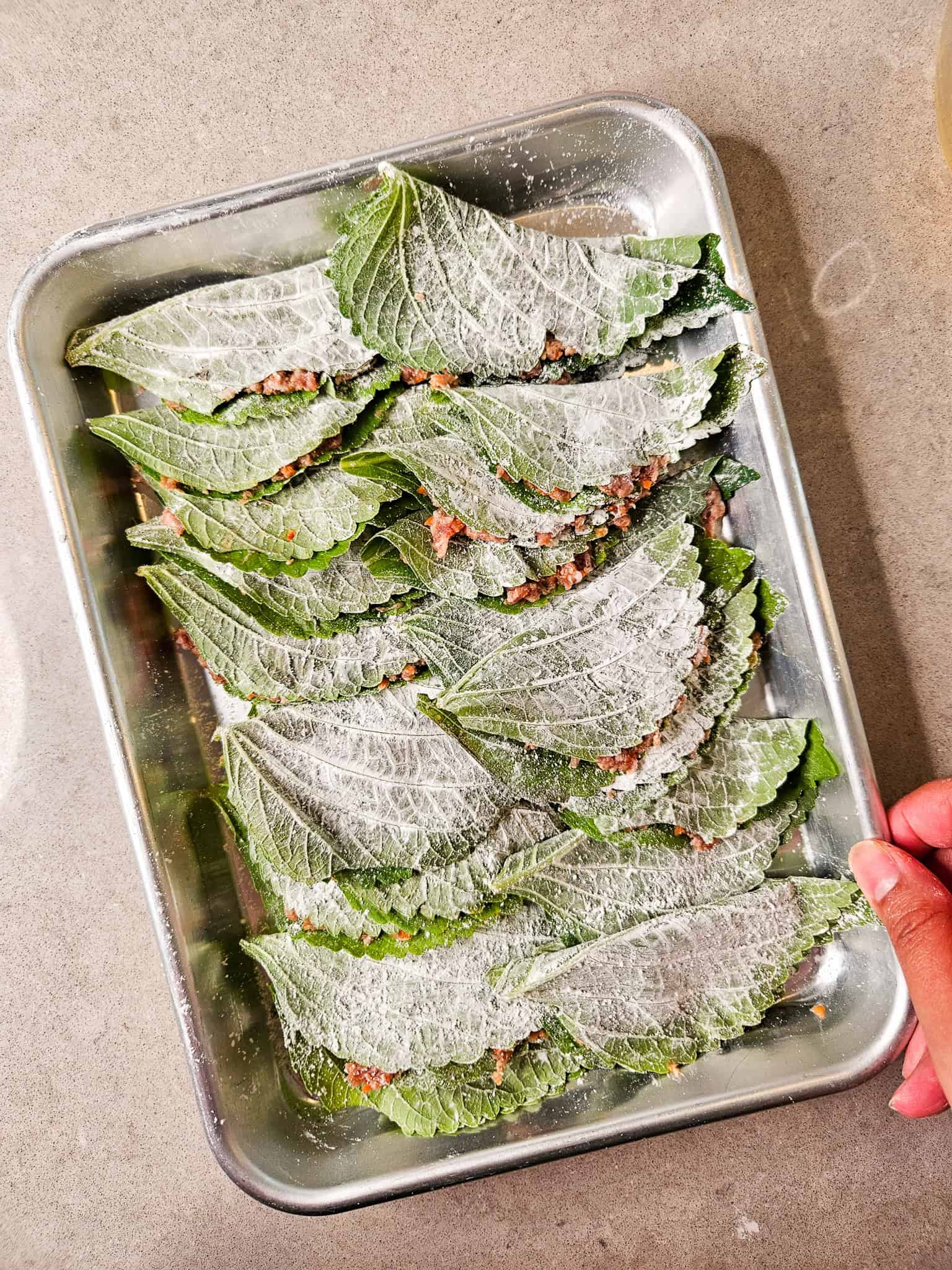 Korean-Style Stuffed Perilla Leaf Pancake (Kkaenip Jeon)